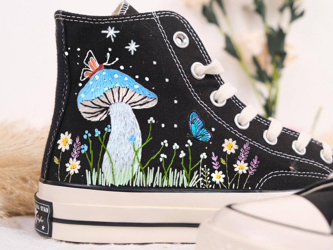 Embroidered Converse Blue Mushroom, Butterflies, Converse Embroidery ...