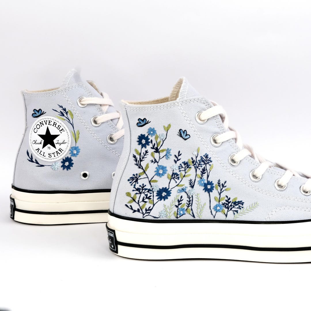 Hand Embroidered Blue Flower Converse, Custom High Tops, Floral ...