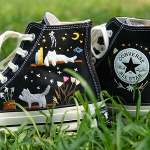 Cat and Bookself Embroidered Converse,embroidered Converse Custom ...