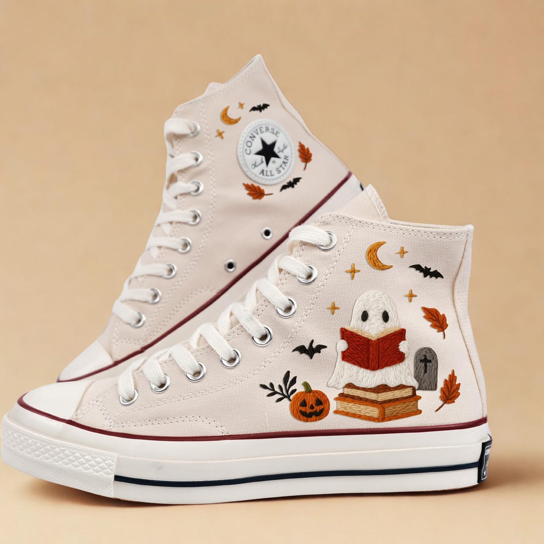 White Converse High Tops With Embroidered Ghost Reading, Cute Halloween ...
