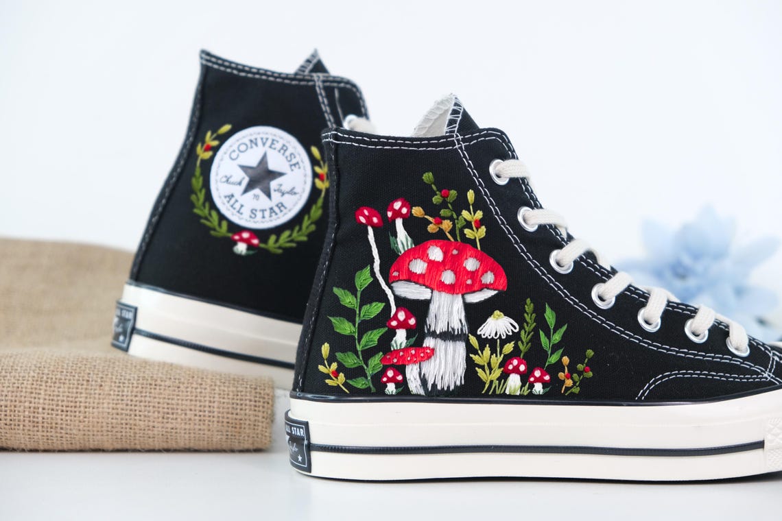 Hand Embroidered Mushroom Converse – Red Toadstool Forest High Tops ...