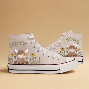Highland Cow Converse, Embroidered Farm Animal Shoes, Cream Custom High ...