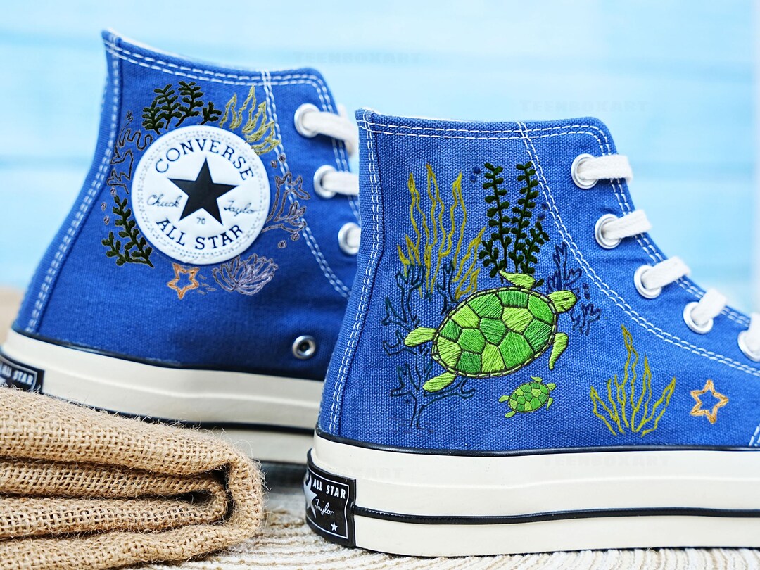 Custom Embroidered Converse, Sea Turtle Embroidered Shoes Custom, Ocean ...