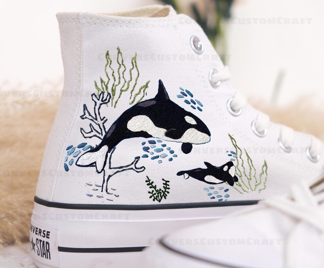 Ocean Shoes, Whale Shoes, 90s Orca Mother and Baby Orca Embroidered ...