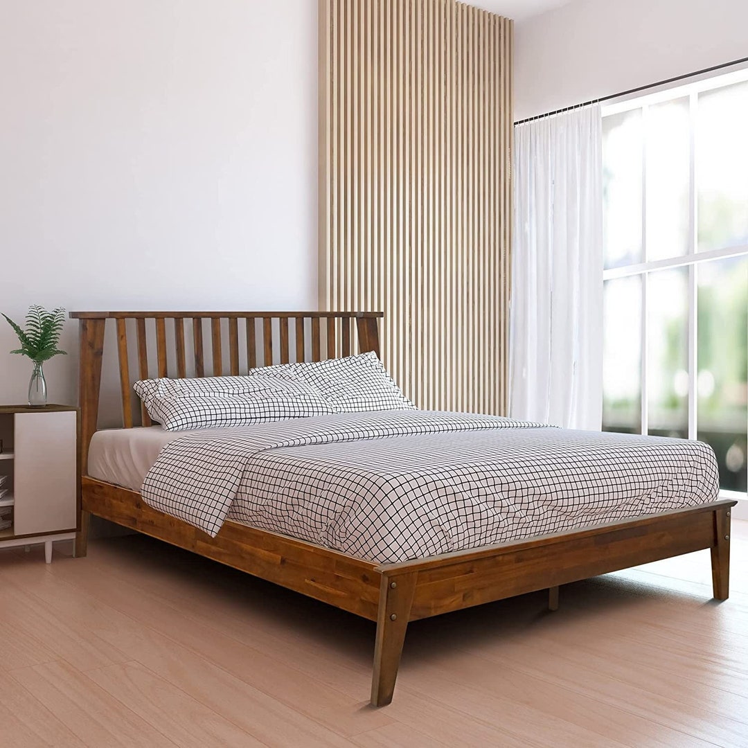 Wooden Platform Bed With Headboard Acacia Wood Caramel Stain Modern Mid Century Art Deco Bed Frame queen Etsy