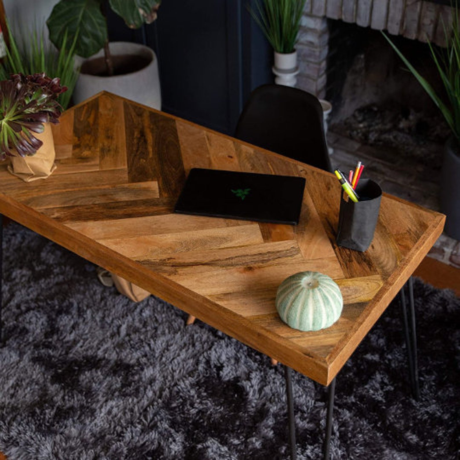 Solid Mango Wood Mid Century Modern Office Desk With Hairpin Legs Solid ...