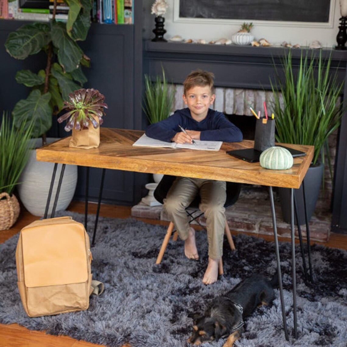 Solid Mango Wood Mid Century Modern Office Desk With Hairpin Legs Solid ...
