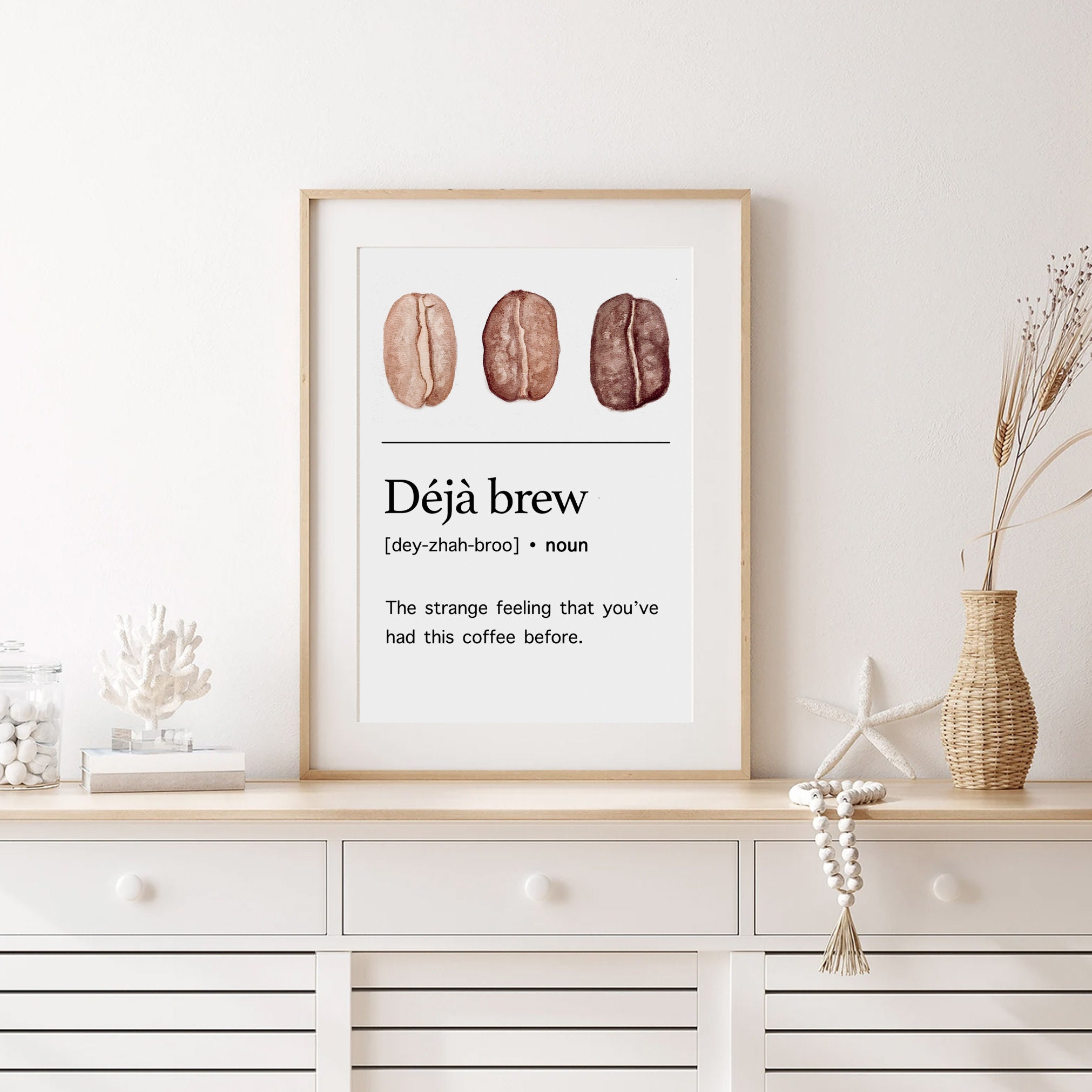 Coffee Art Print Deja Brew Definition Coffee Beans Watercolor Painting ...
