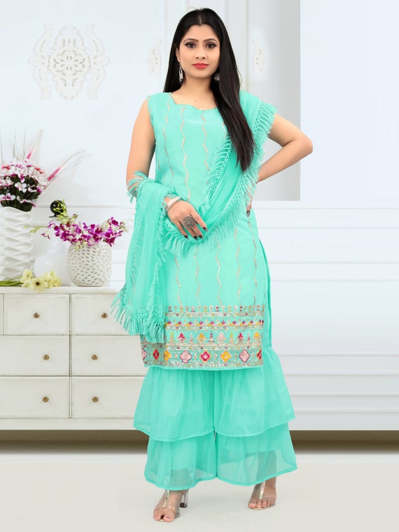 Stylish and Designer Firozi Color Kurta With Sharara and - Etsy