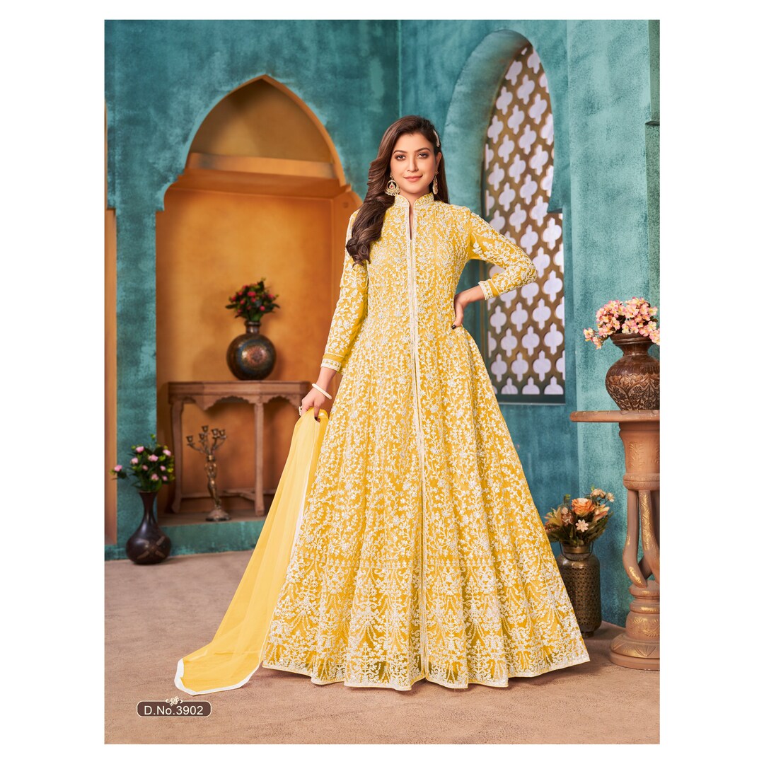 Glorious Yellow Color Haldi Function Wear Designer Anarkali Slit Style ...