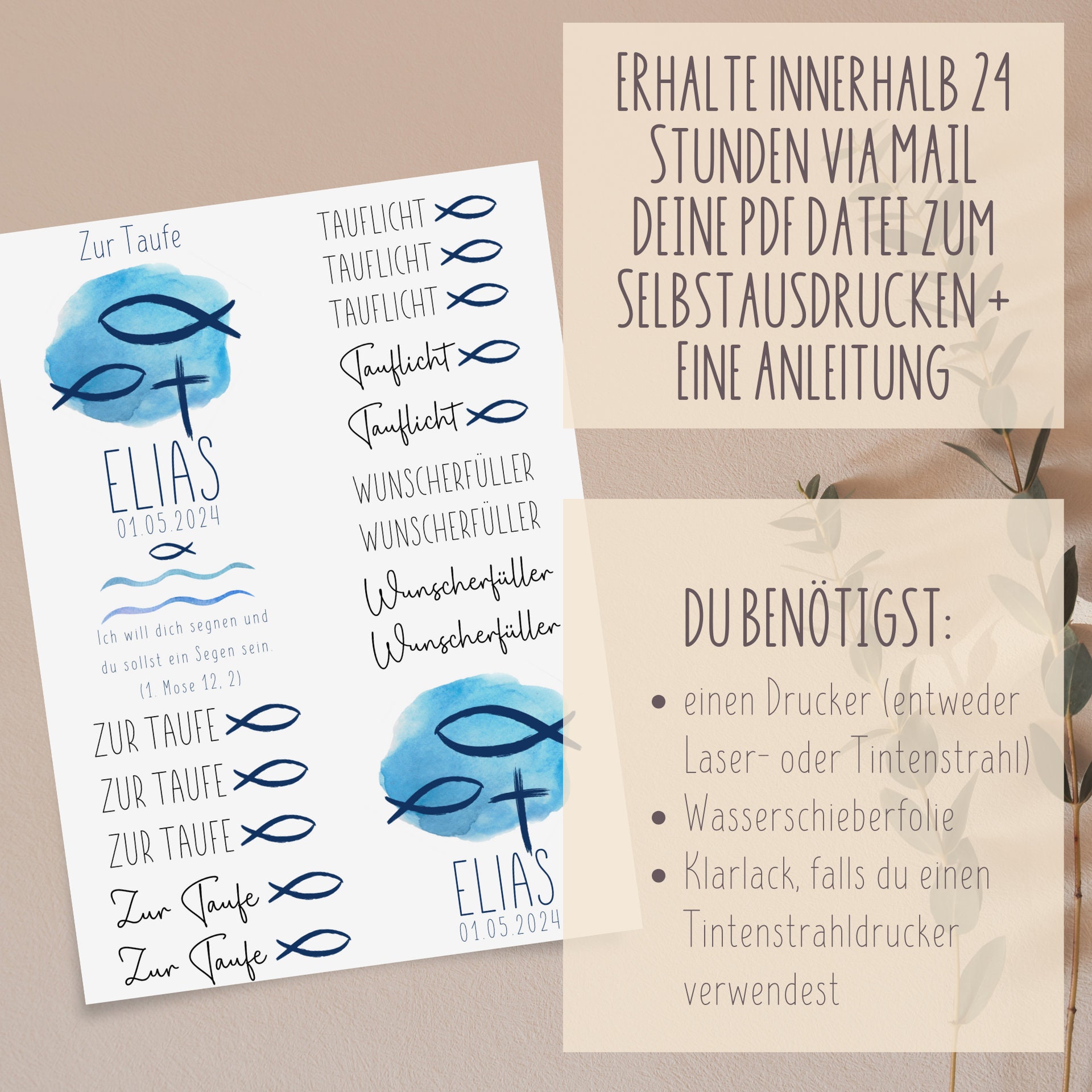 Personalized PDF Template Baptism Candle Tattoo Candle Sticker Boys ...