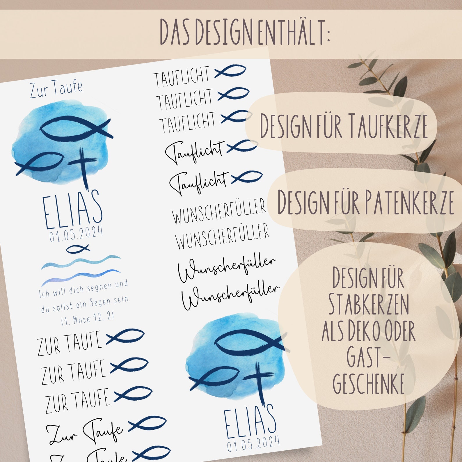 Personalized PDF Template Baptism Candle Tattoo Candle Sticker Boys ...