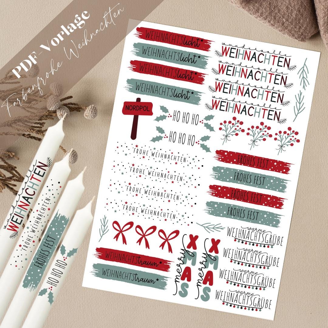 Colorful Christmas PDF Template Candle Tattoo Candle Sticker Candles ...