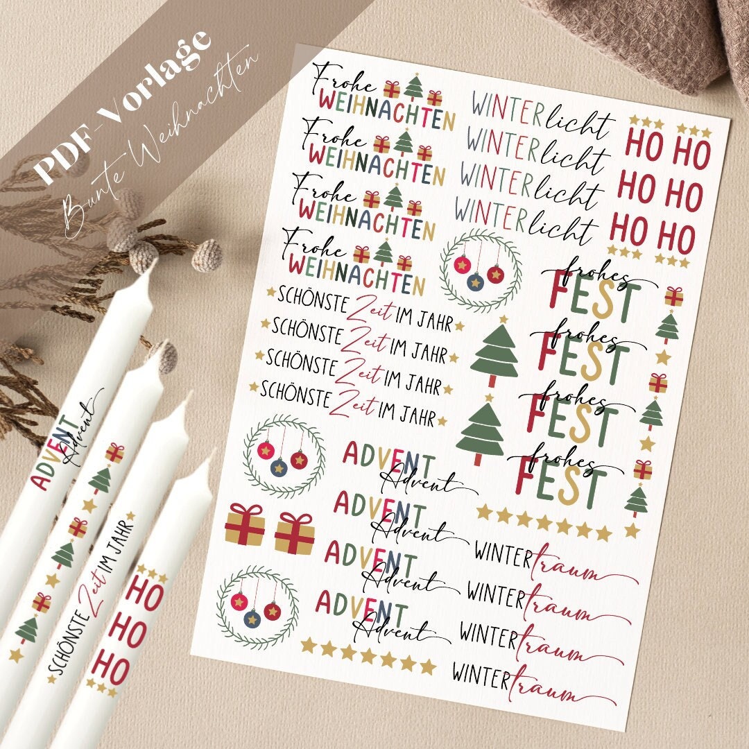 Christmas PDF Template Candle Tattoo Candle Sticker Candle Design Merry ...