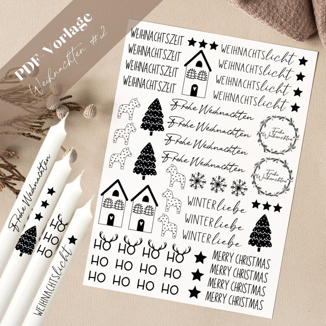 Christmas PDF Template Candle Tattoo Candle Sticker Candle Design ...
