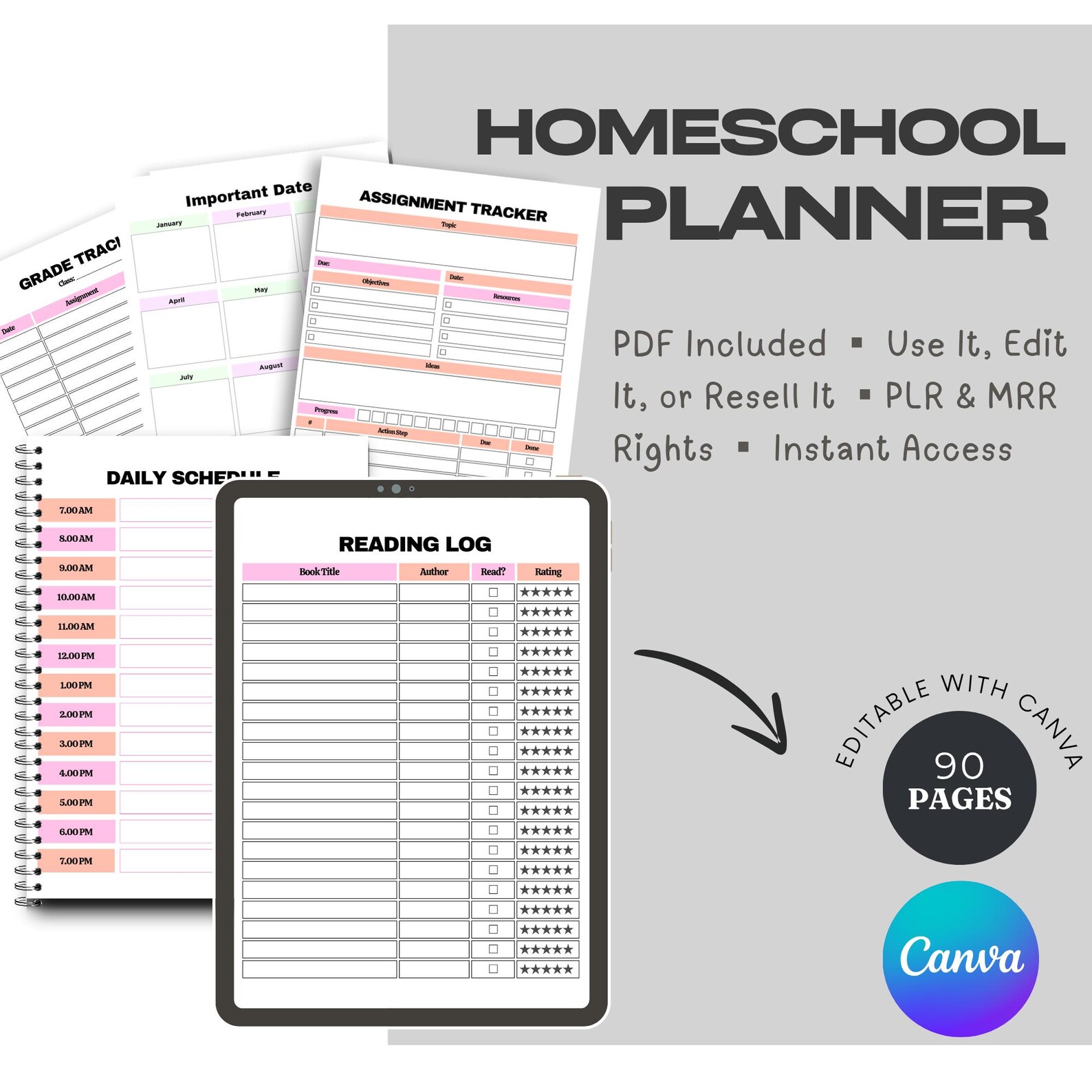 Editable Homeschool Planner Canva Template, PLR MRR Rights (printable ...