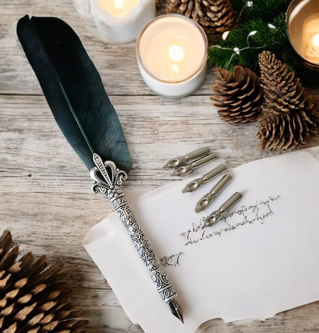 Rustic Shabby Chic Calligraphy Dark Green Feather Pen + Metal 5pcs Nib ...