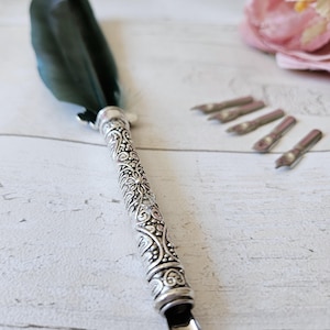 Rustic Shabby Chic Calligraphy Dark Green Feather Pen + Metal 5pcs Nib ...