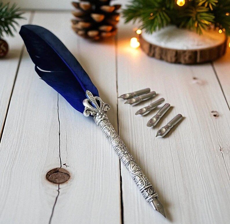 Royal Blue Feather Quill Calligraphy Set: Rustic Shabby Chic Writing ...