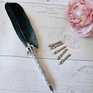 Rustic Shabby Chic Calligraphy Dark Green Feather Pen + Metal 5pcs Nib ...