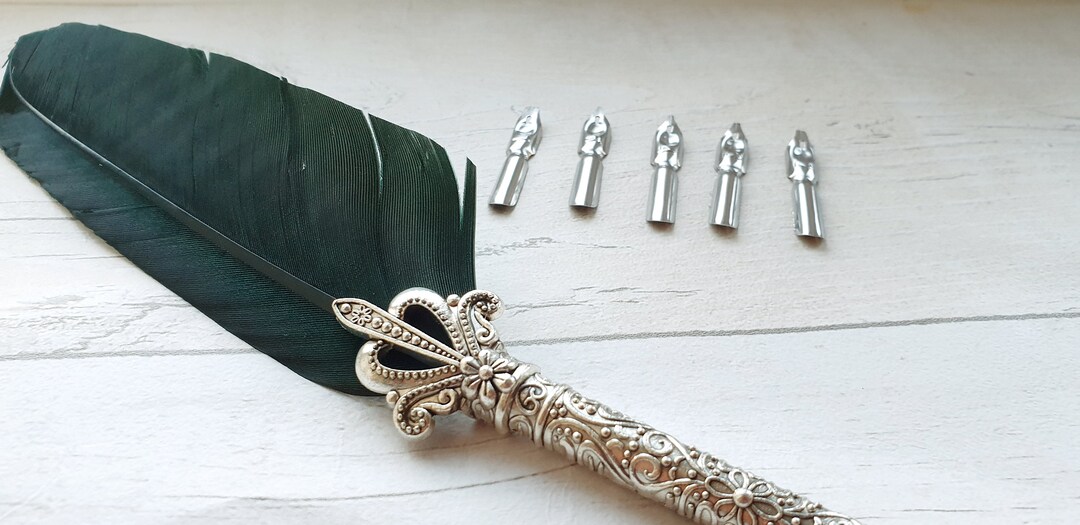 Rustic Shabby Chic Calligraphy Dark Green Feather Pen Metal 5pcs Nib ...