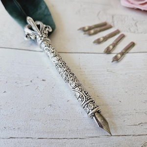Rustic Shabby Chic Calligraphy Dark Green Feather Pen + Metal 5pcs Nib ...