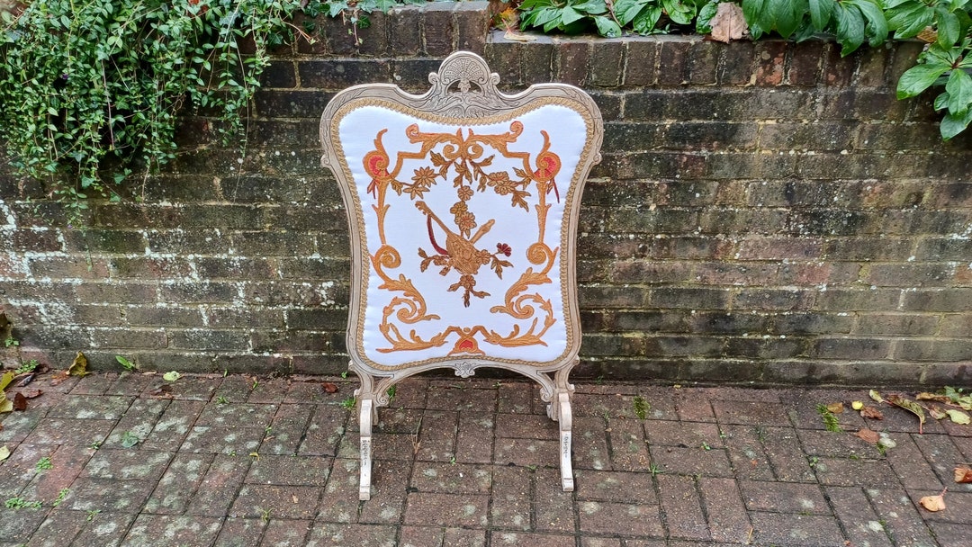 Large Vintage Wooden Decorative Painted Fire Screen With Embroidered ...