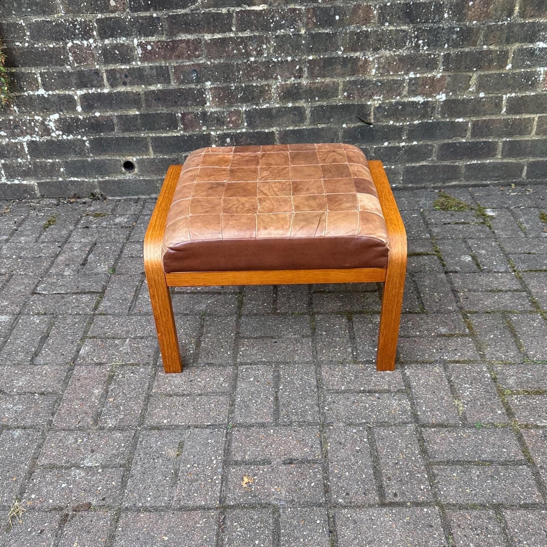 Vintage Danish Style Leather Patchwork Footstool – Scandinavian Modern ...