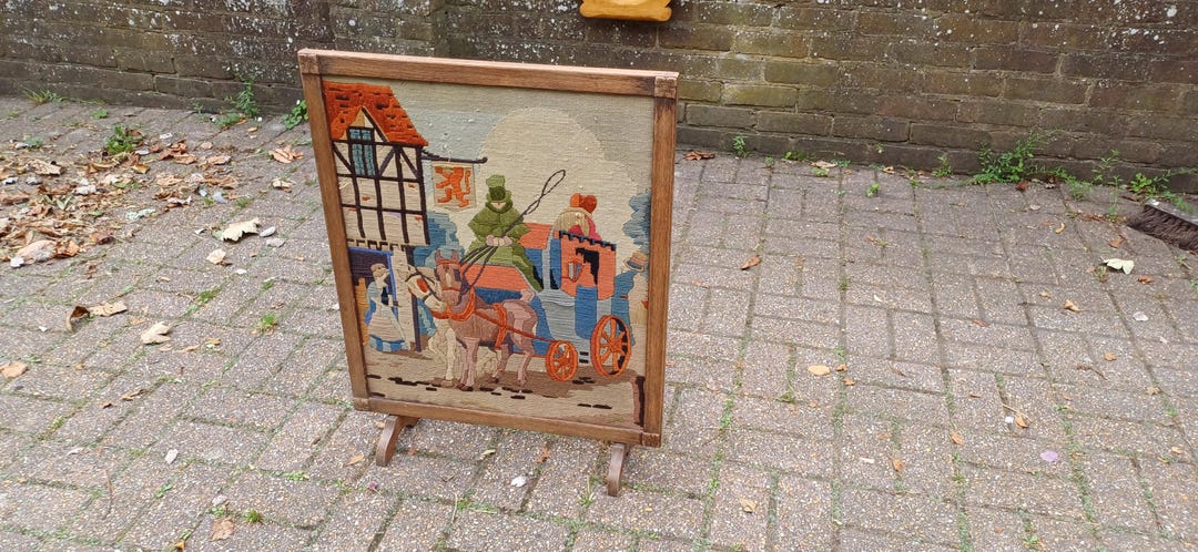 Vintage 1920s Stripped Oak Fire Screen Guard Stage Coach Charles ...
