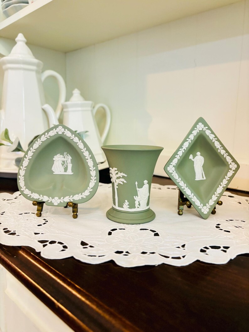 Vintage Wedgwood Jasperware Sage Green Vase and Trinket Dish Spade ...