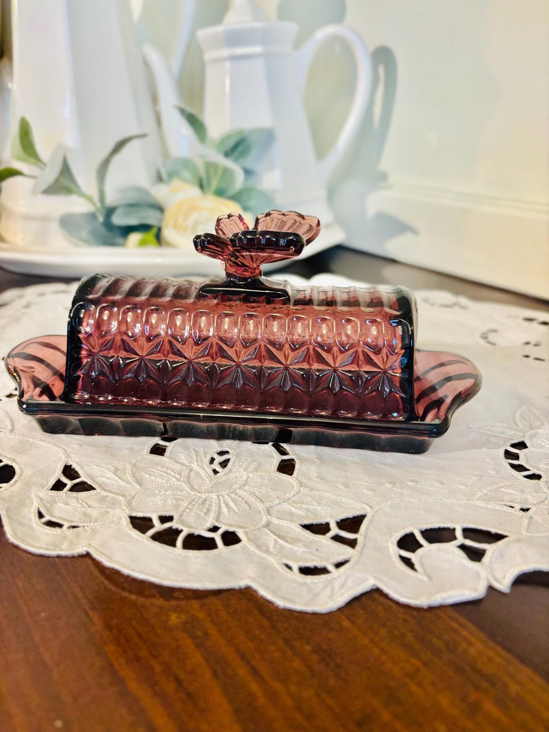Purple Glass Butter Dish With Lid and Butterfly Topper Butter Dome - Etsy