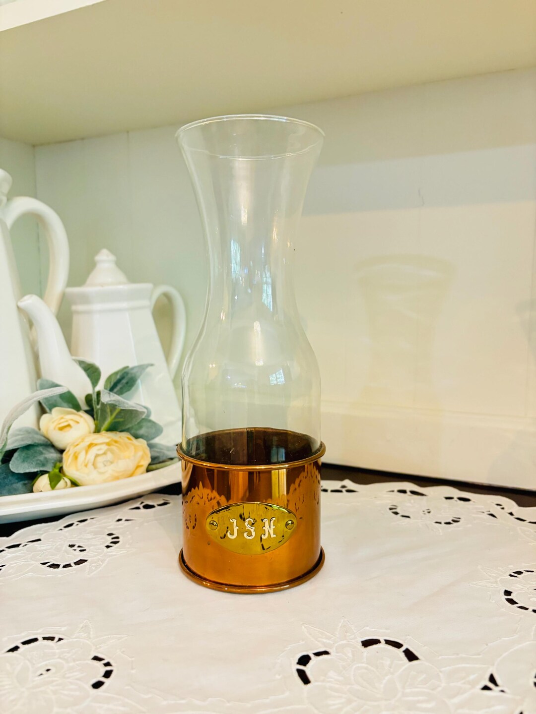 Glass and Copper Wine Carafe Decanter With Brass Monogrammed Name Plate ...