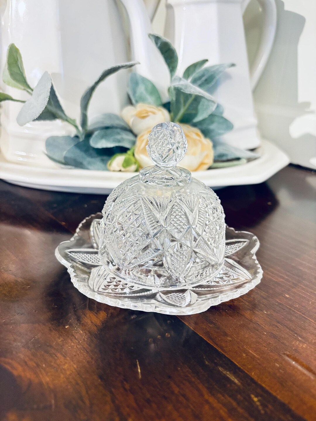 LE Smith Clear Pressed Glass Cheese Butter Dome Round Covered Dish ...
