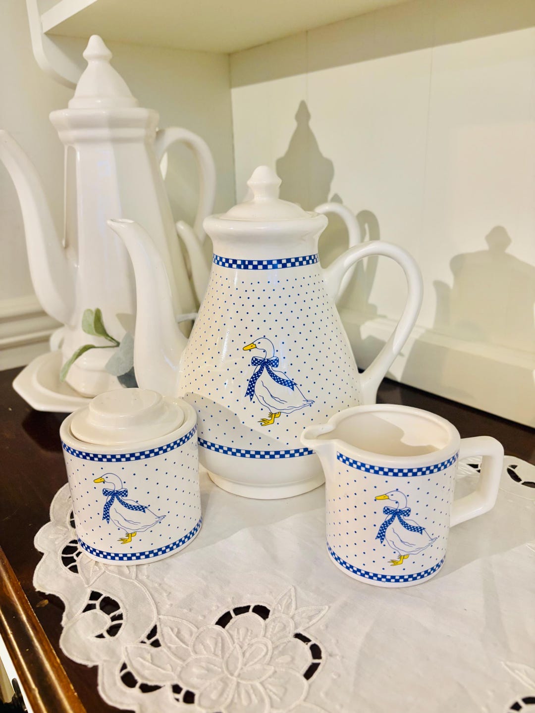Vintage Country Goose Teapot Set Creamer Sugar Bowl Polka Dot Farmhouse ...
