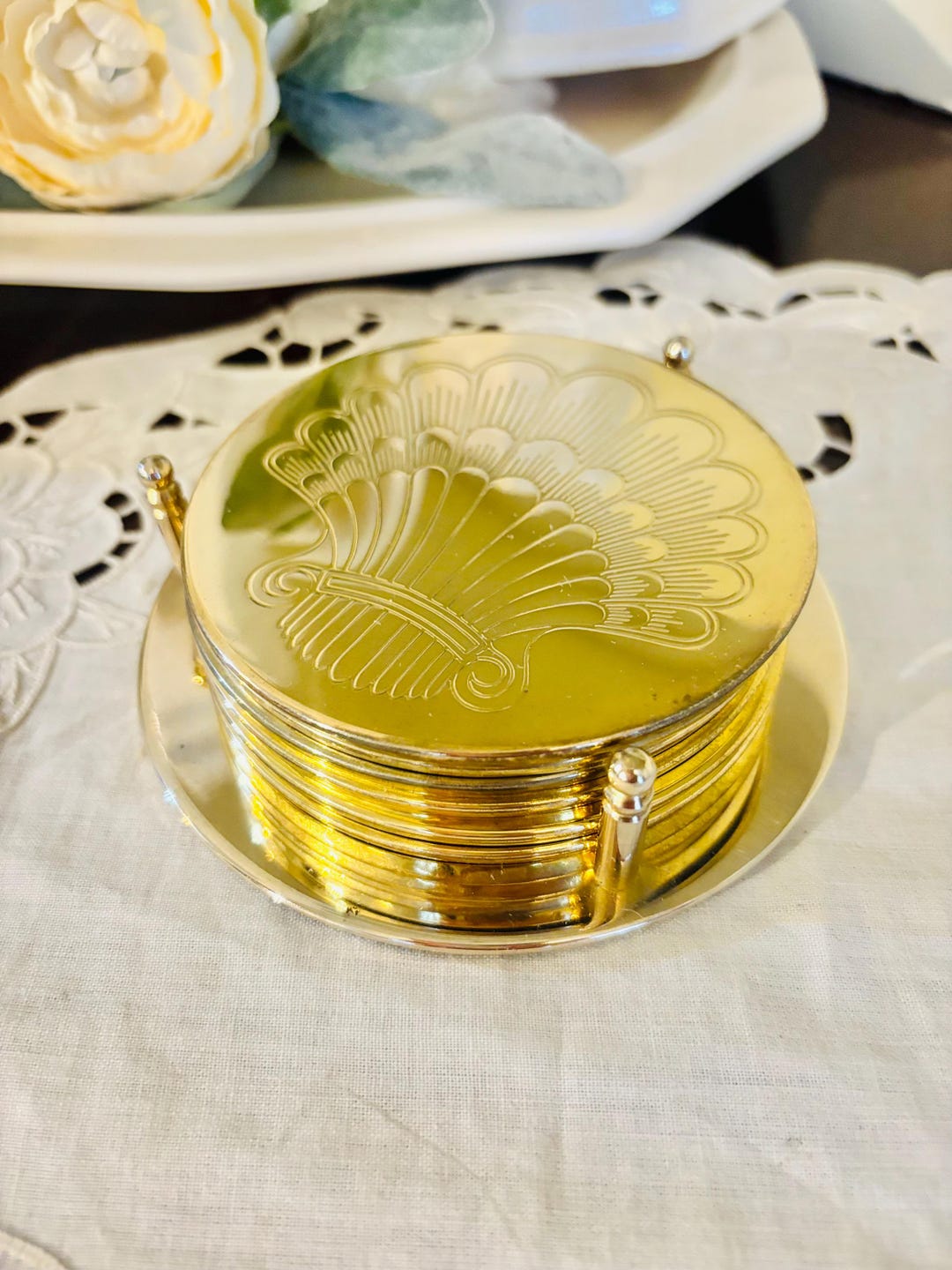 Vintage Gold Tone Clam Shell Engraved Coaster Set of 6 With Stand and ...