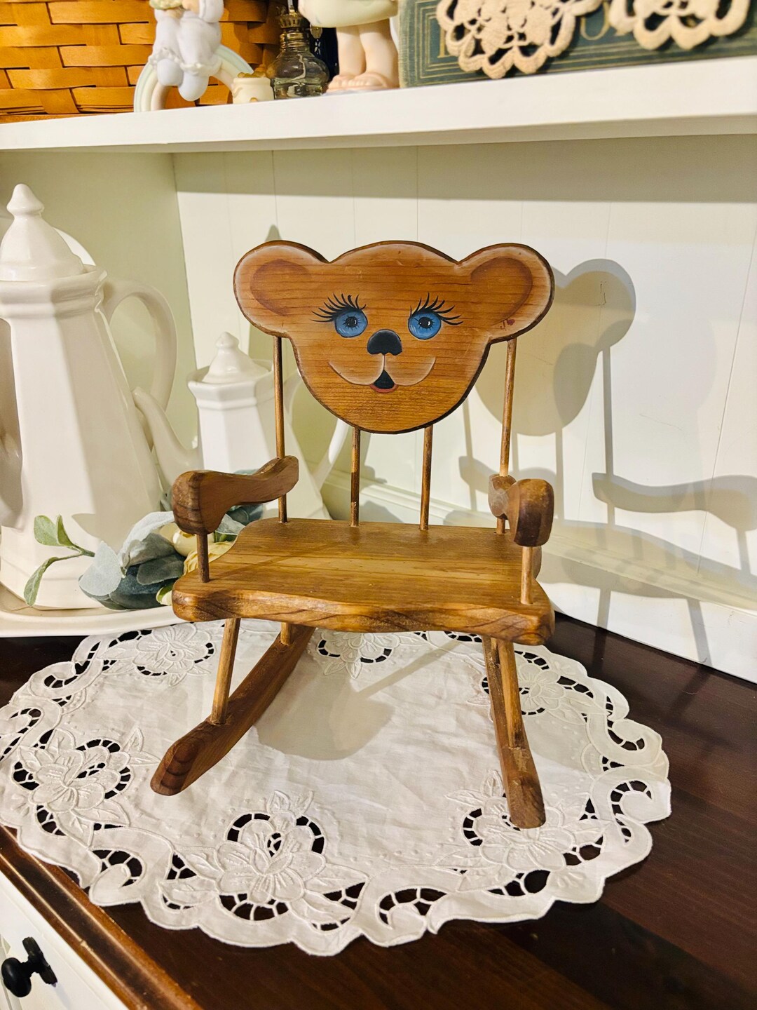Hand Crafted Vintage Wooden Doll Size Rocking Chair With Bear Face 12 ...