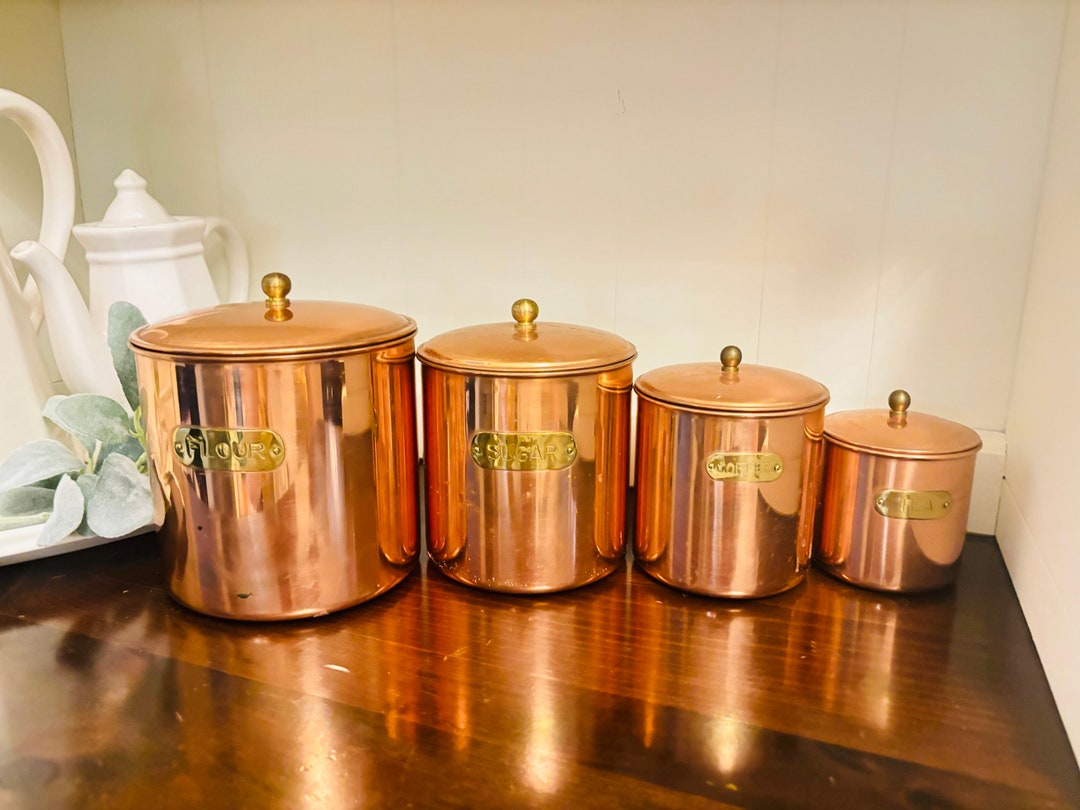 Vintage Nestling Copper Cannister Set of 4 Flour Sugar Coffee Tea Brass ...
