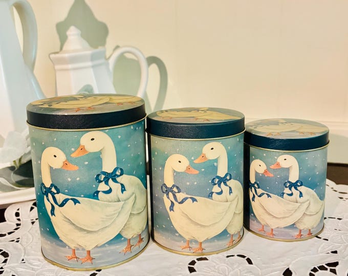 Set of 3 Vintage Country Goose Nesting Tin Farmhouse Geese Blue Ribbon ...