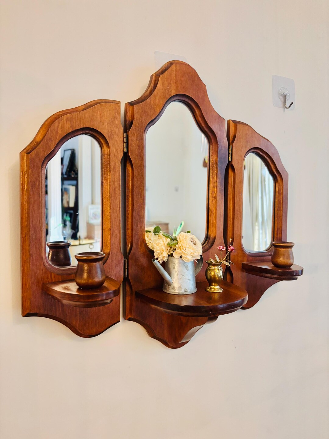 Vintage Wooden Tri Fold Wall Mirror Candle Holder Wall Sconces Wall ...