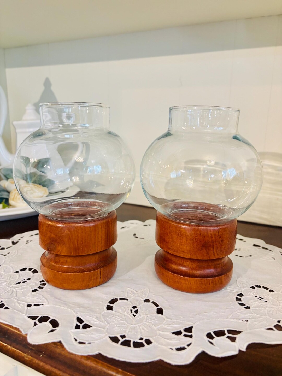 SOLD INDIVIDUALLY Vintage Teakwood Danish Style Mcm Dome Hurricane Lamp ...