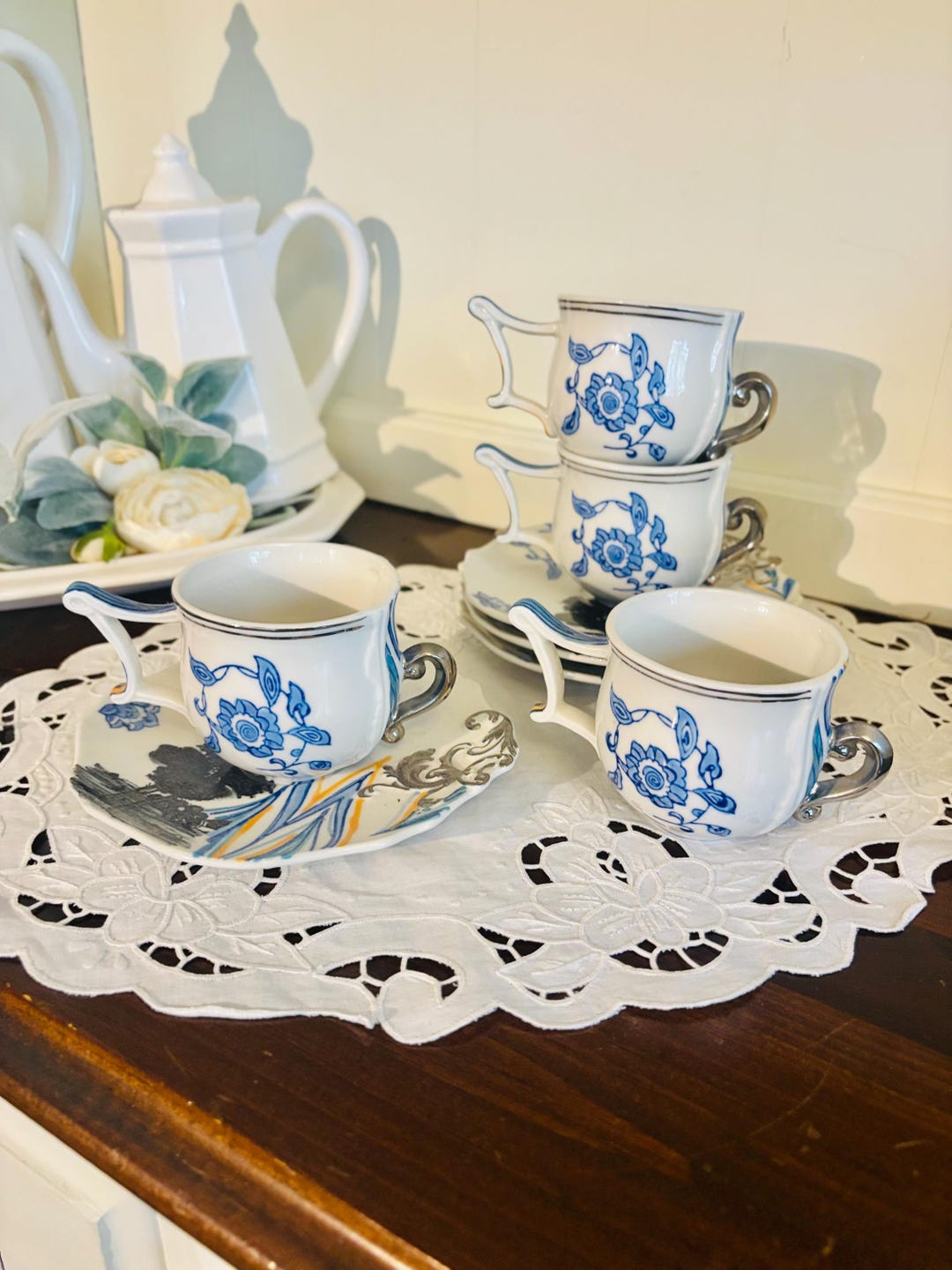 Set of 4 Vintage Hand Painted Double Handled Tea Cup and Saucer Blue ...