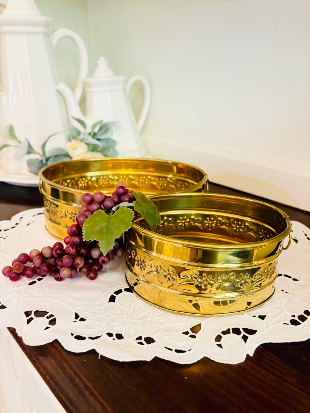 Vintage Bass Oval Planter Vessel Bowl With Ring Handles Embossed Detail ...