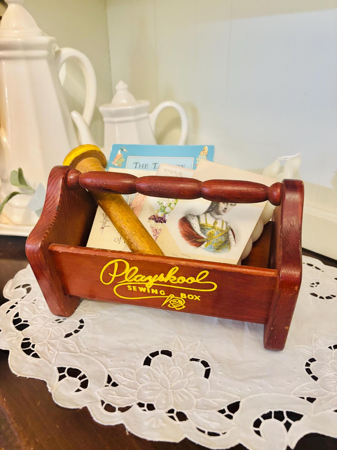 Vintage Wooden Basket With Handle Playskool Sewing Box Vintage Wooden ...
