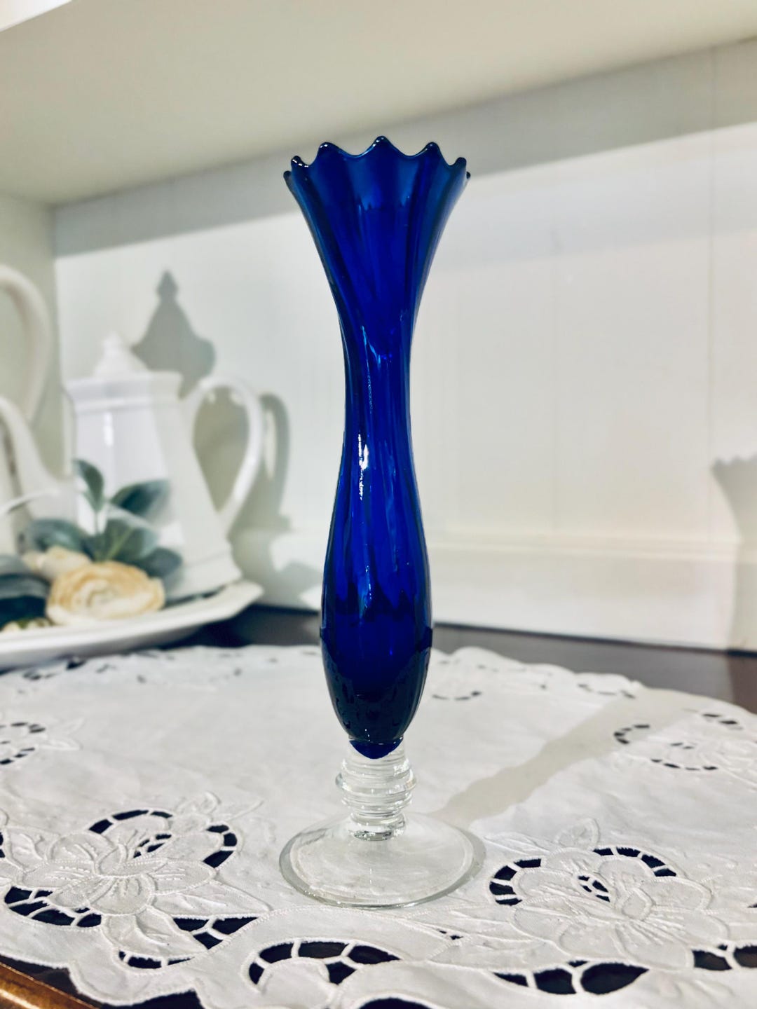 Cobalt Blue Glass Fluted Bud Vase Ruffled Scalloped Rimtop and Clear ...