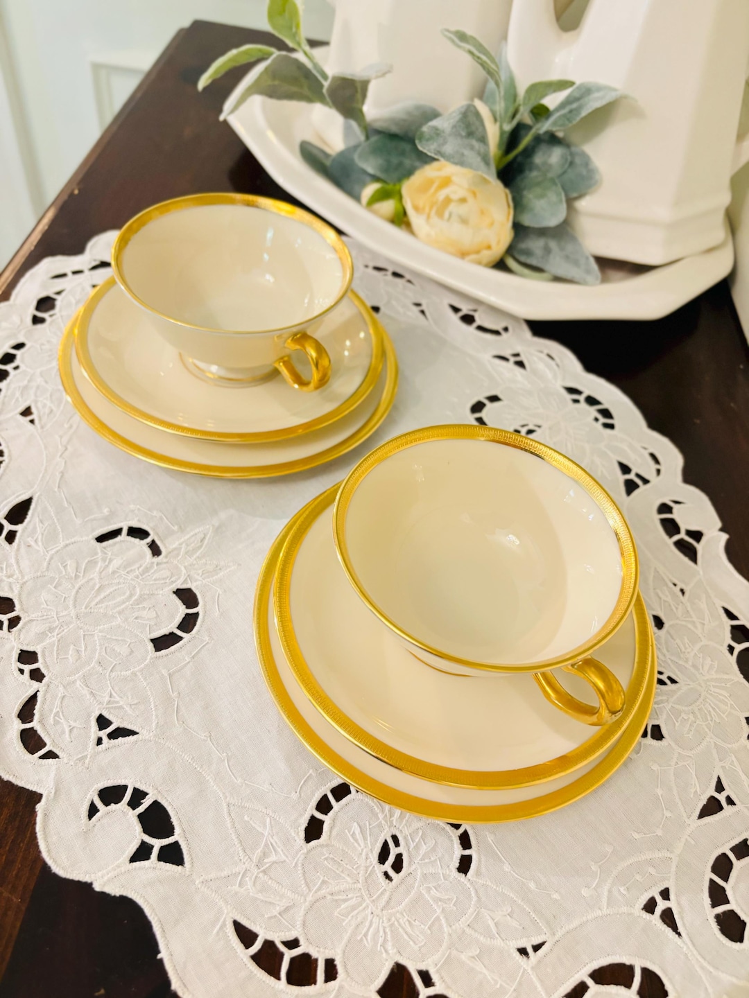 Lenox Tuxedo Tea Cup Saucer Trio Gold Trim Ivory Collectible Porcelain ...