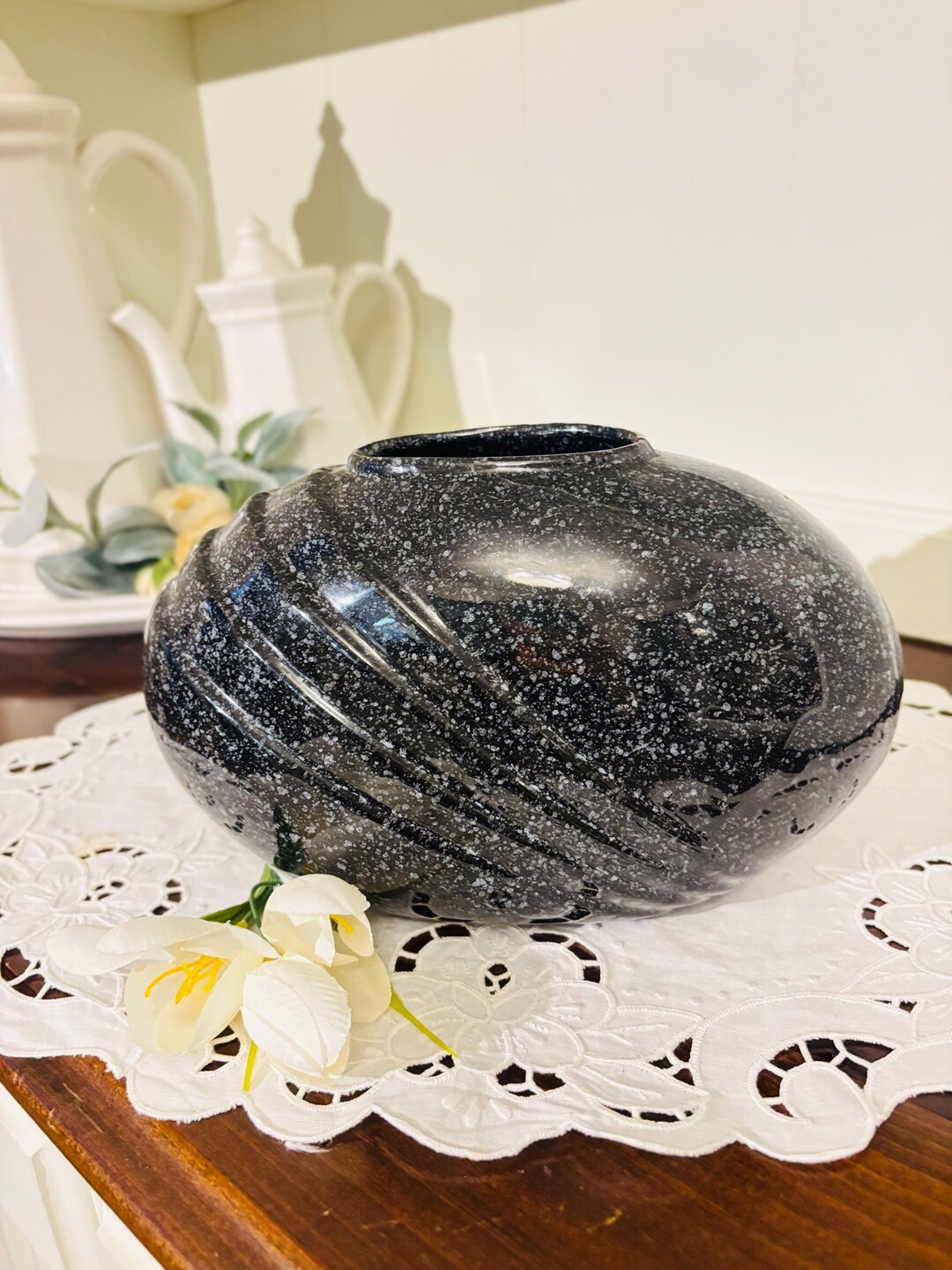 Vintage Artmark Art Deco Black Speckled Ceramic Oval Pottery Vase Mid ...