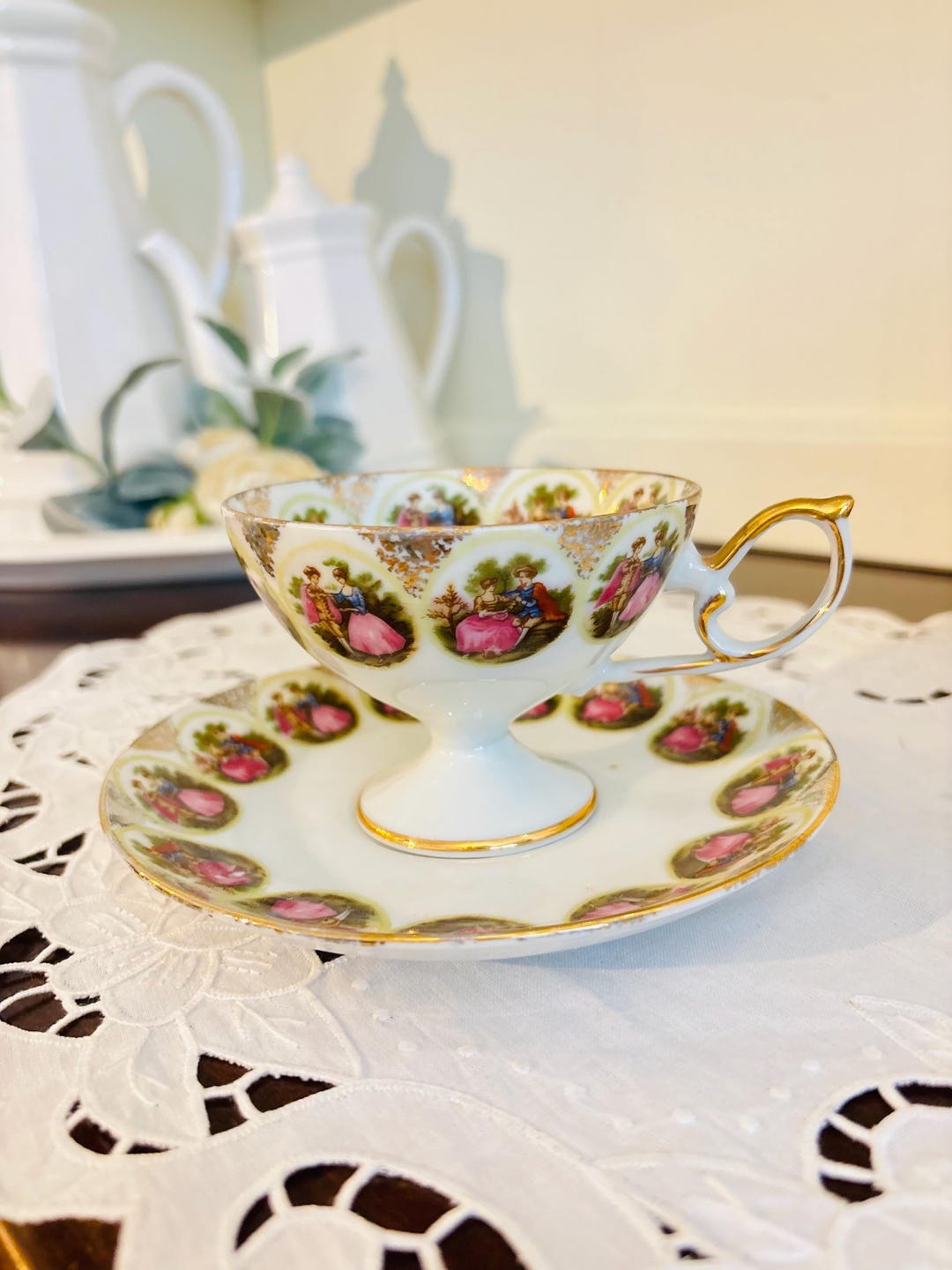 Vintage Courting Couple Tea Cup and Saucer Pedestal Tea Cup Porcelain ...