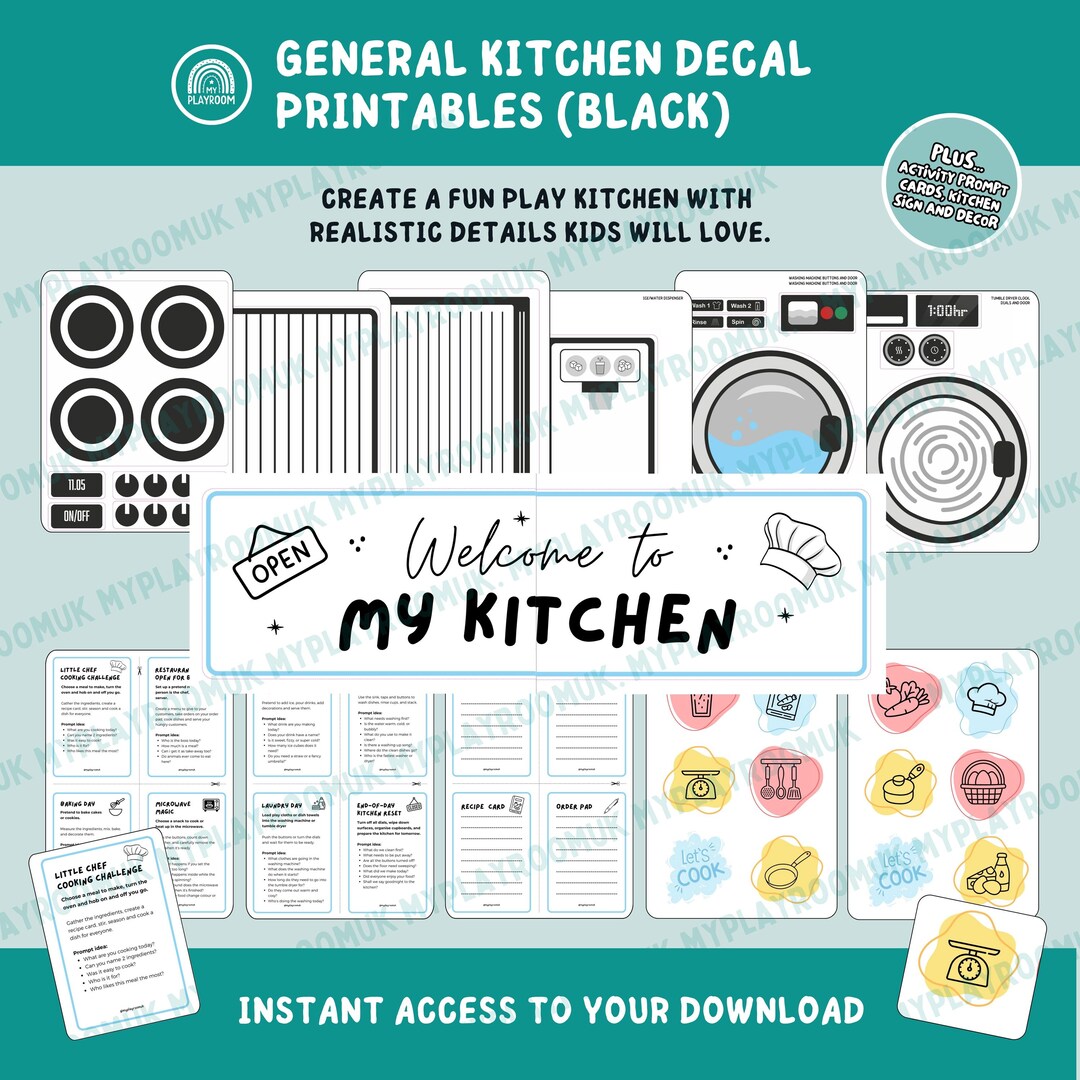 Kitchen Decals Printable BLACK, Play Kitchen Stickers, Kids Kitchen ...