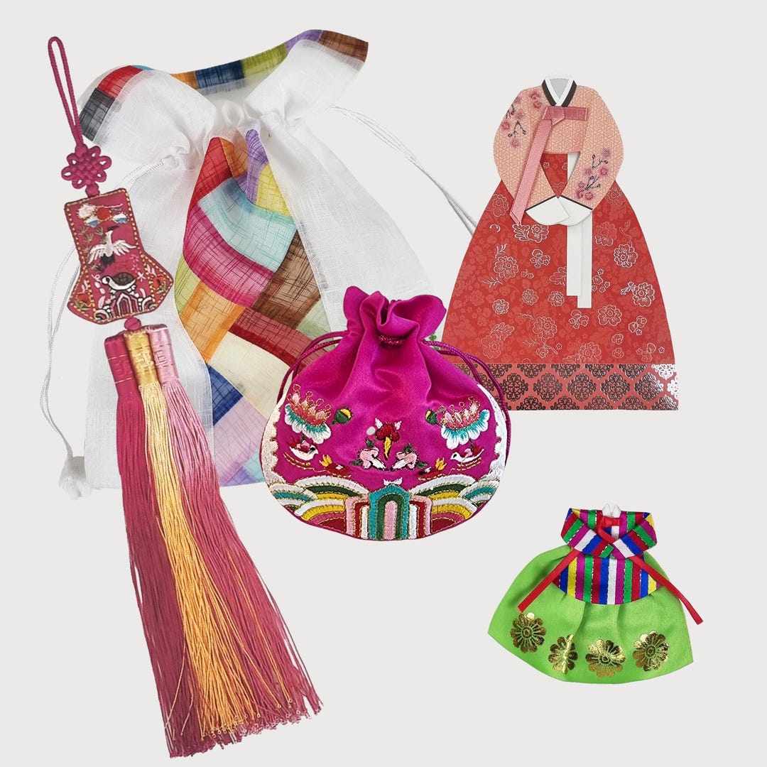 Korean Good Luck Gift Set, Bokjumeoni Pouch, Turtle and Crane Norigae ...