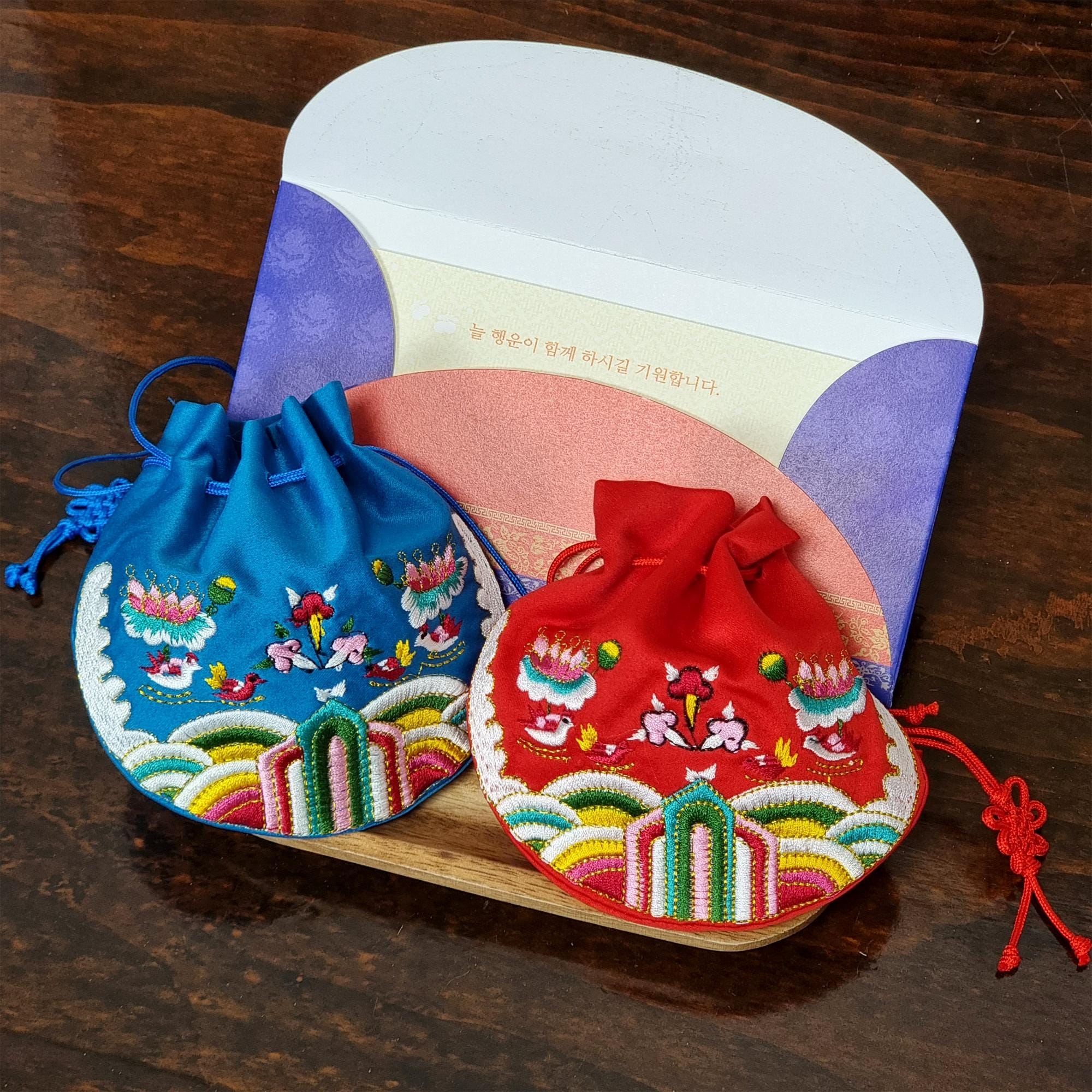 Korean Bokjumeoni & Hanbok Card Gift Set, 2 Embroidered Lucky Pouches ...